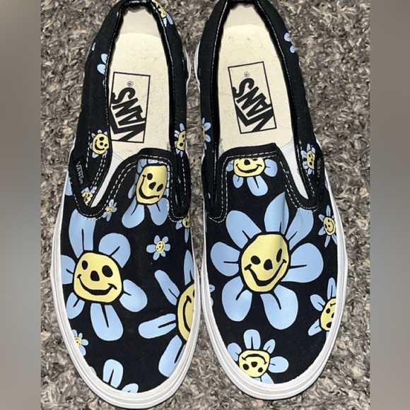 Vans | Shoes | Vans Kids Black And Blue Smiley Floral Sneakers | Poshmark